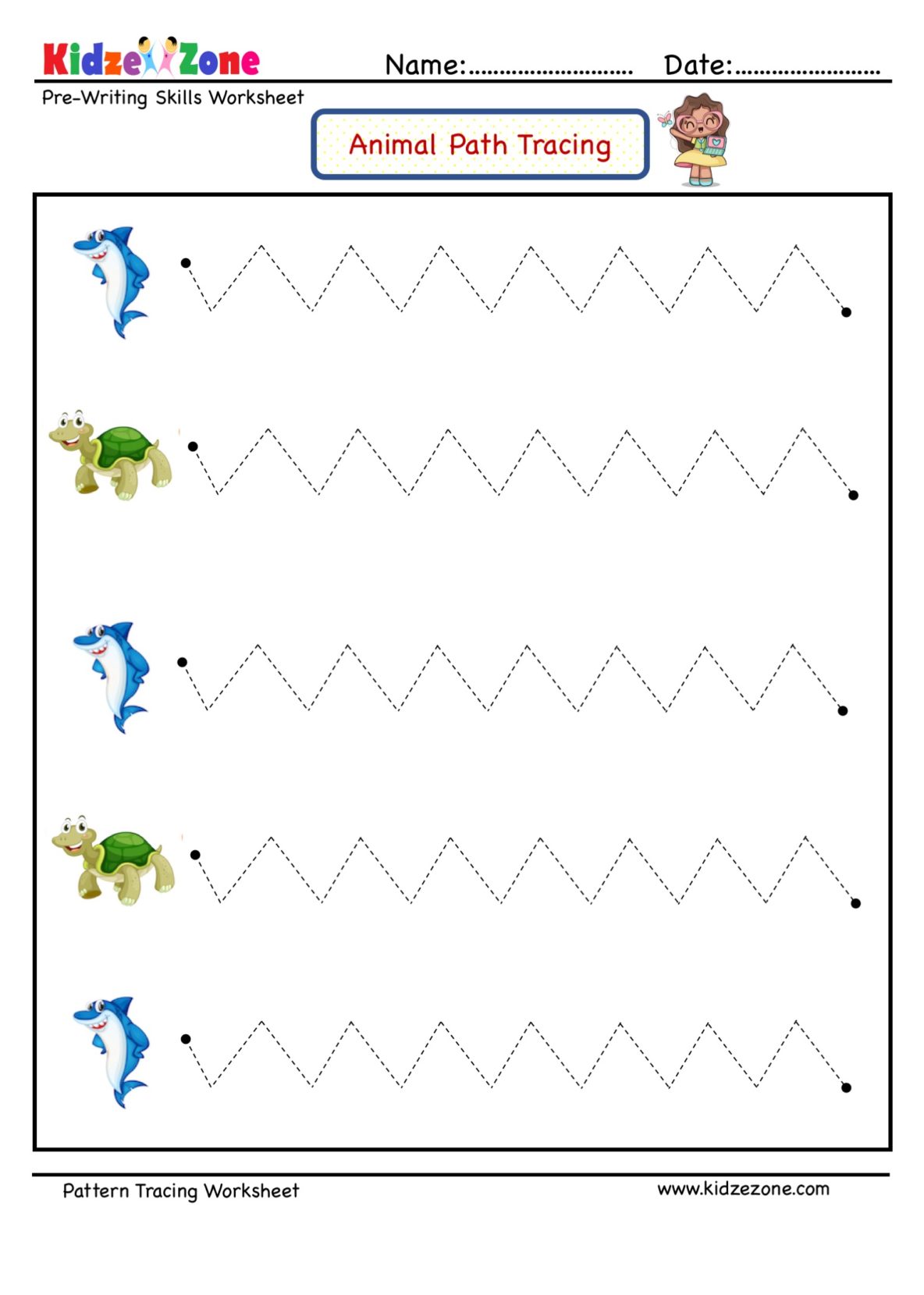 PreK Zig Zac Pattern Tracing worksheet 4- KidzeZone