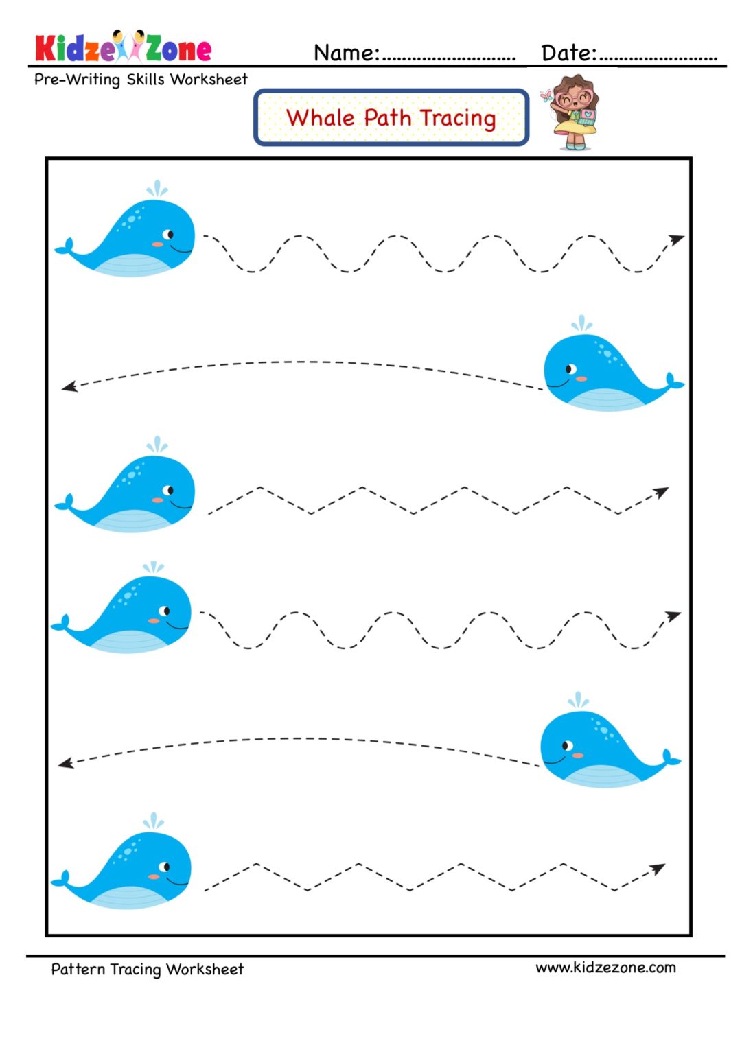 PreK Whale Path Pattern Tracing Worksheet- KidzeZone